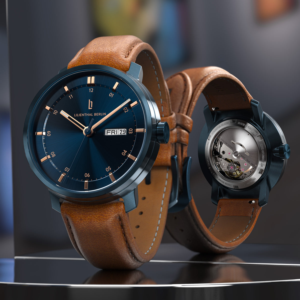 Neolux Day Date Blue Rose Gold Leather Light brown – Lilienthal Berlin